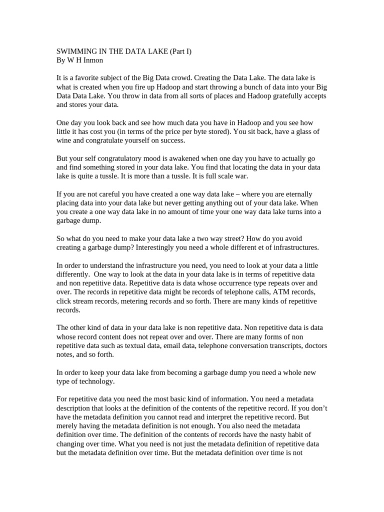 Bill Inmon - SWIMMING IN THE DATA LAKE - 1 | PDF | Metadata | Data