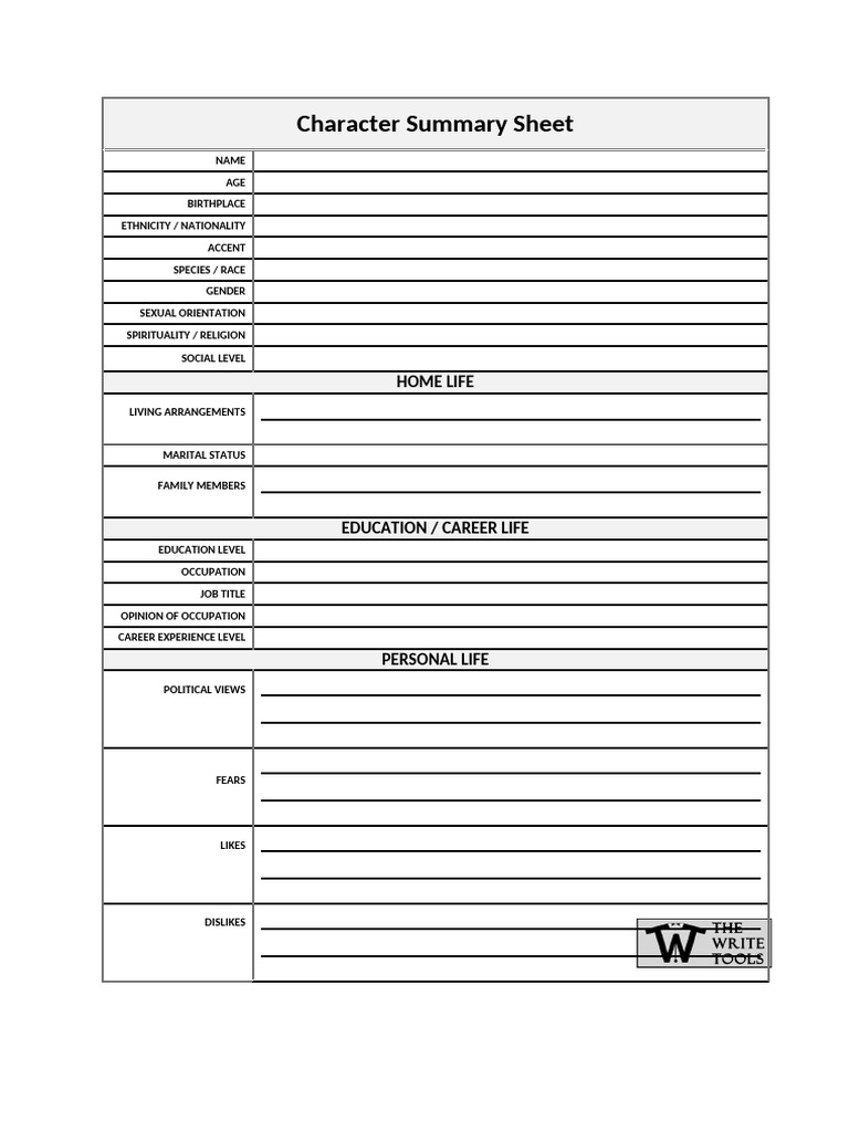 Character Summary Sheet - Print Friendly | PDF