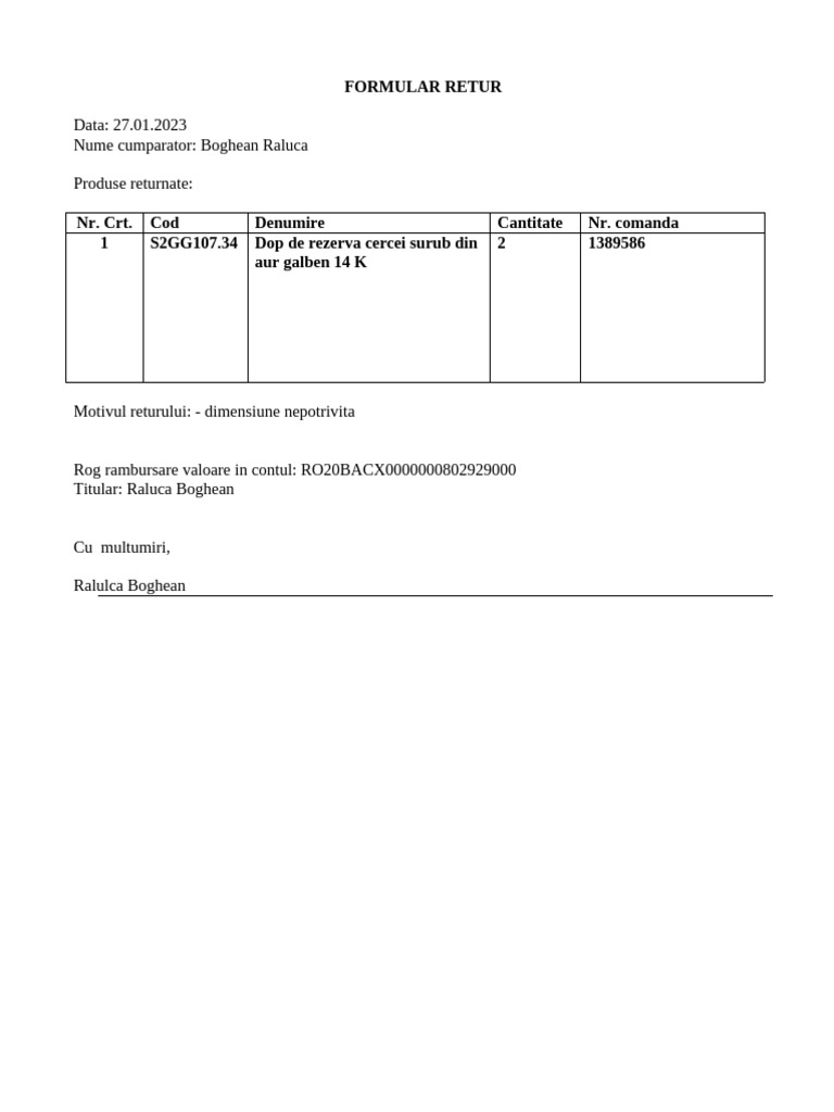 Formular Retur | PDF