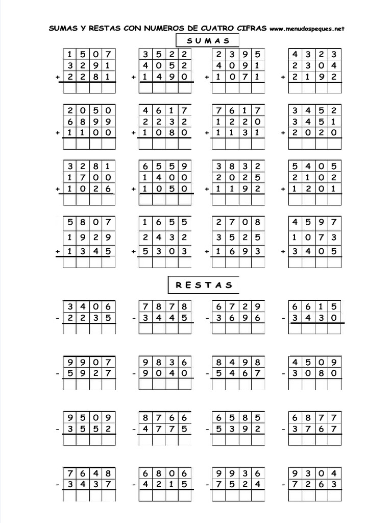 PDF Sumas Restas Con Cuatro Cifras - Compress | PDF | Cocina, comidas y ...