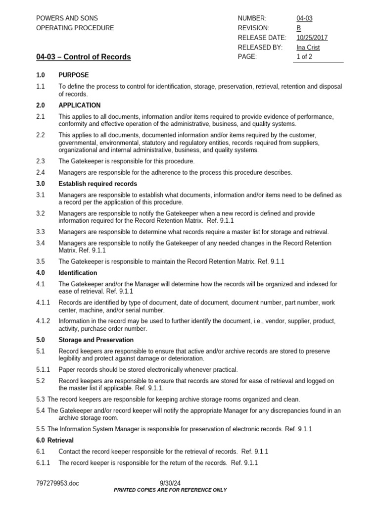 Record Control Procedure Guide | PDF | Records Management | Information ...