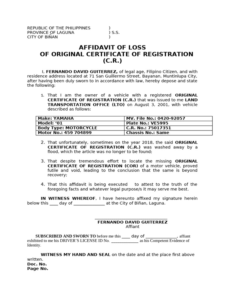 Affidavit of Loss Cor Vehicle | PDF