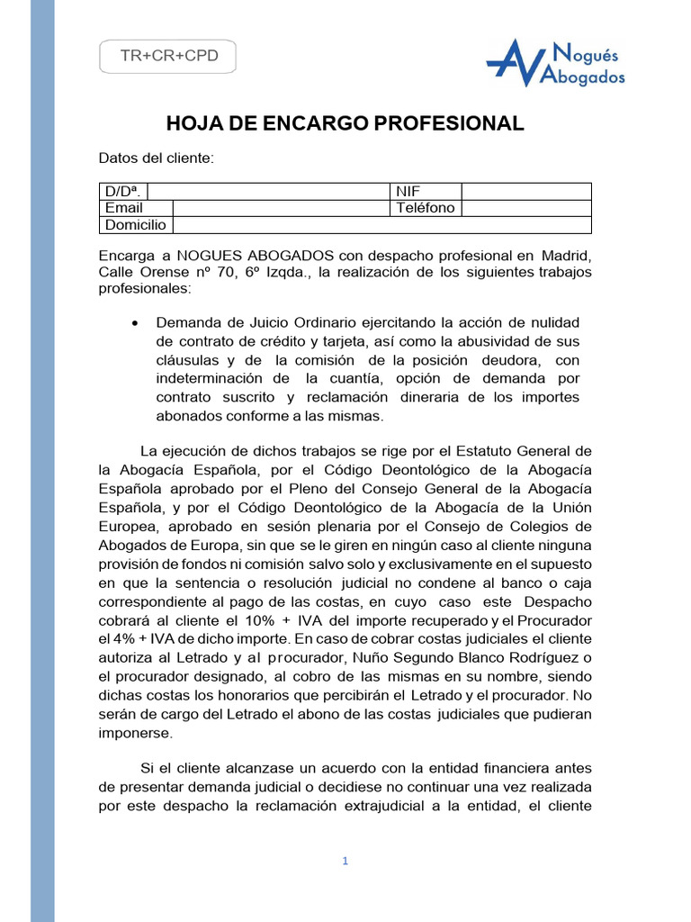 Hoja de Encargo TR+CR+CPD | PDF