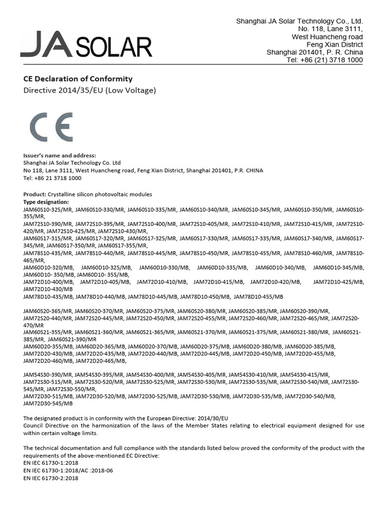 JA Solar - EC - Declaration - 1 PDF | PDF