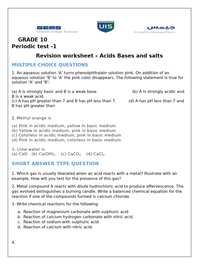 Acids Bases and Salts - PT-1 Worksheet | PDF