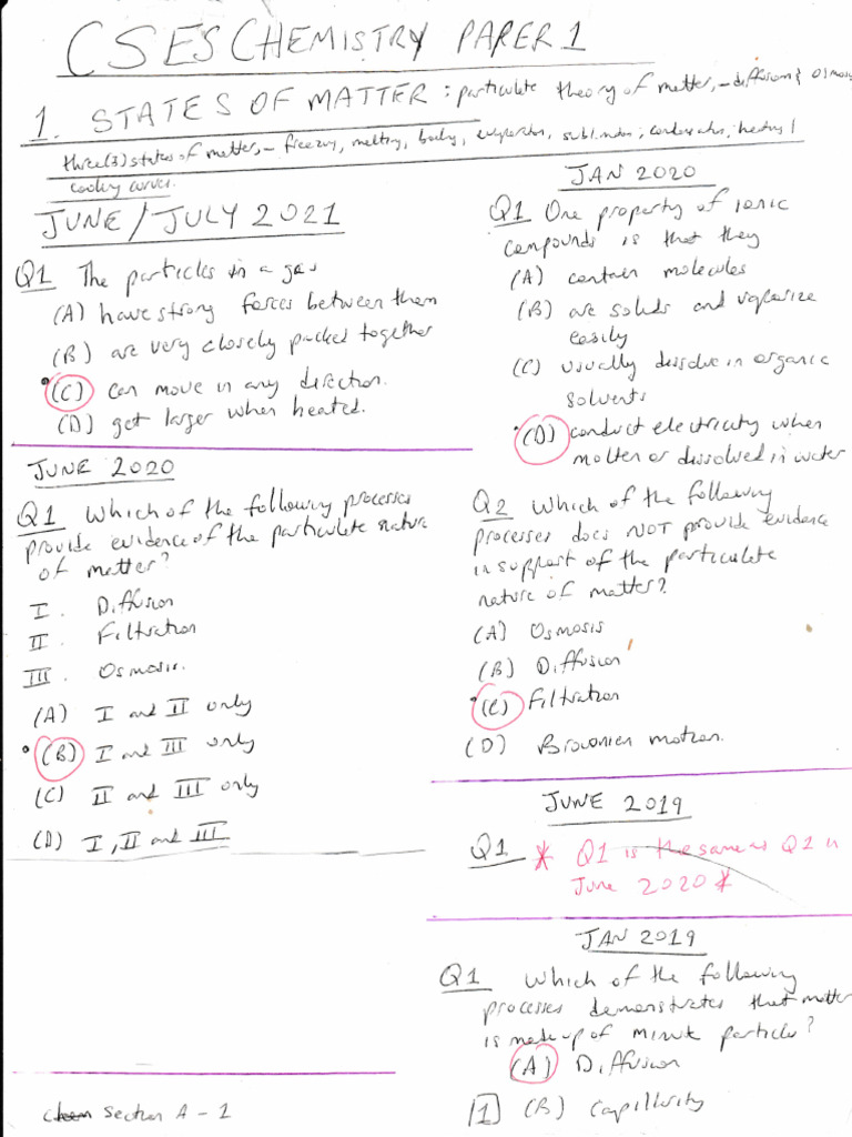 CXC CSEC CHEMISTRY P1 WITH ANSWERS Section A CH 1 Handwritten | PDF