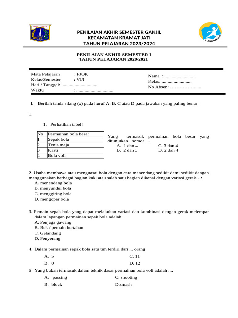 Soal Pas Pjok Kelas 6 SMT 1 | PDF