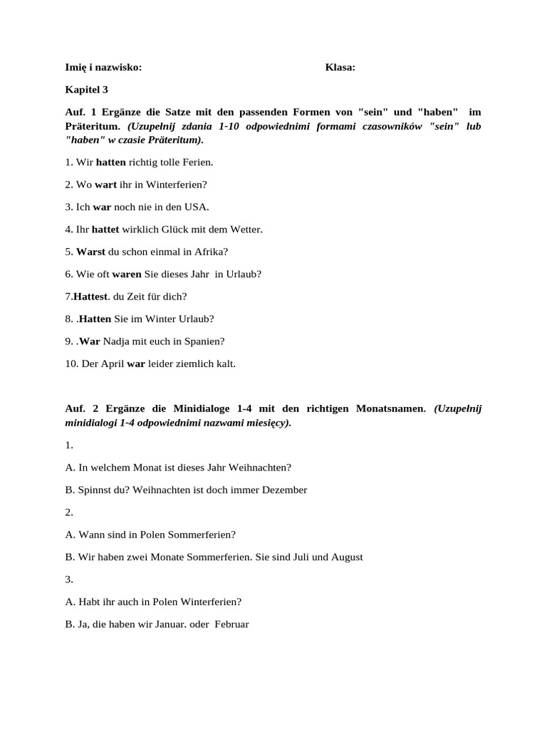 Sprawdzian - Kapitel 3 - Niem. | PDF