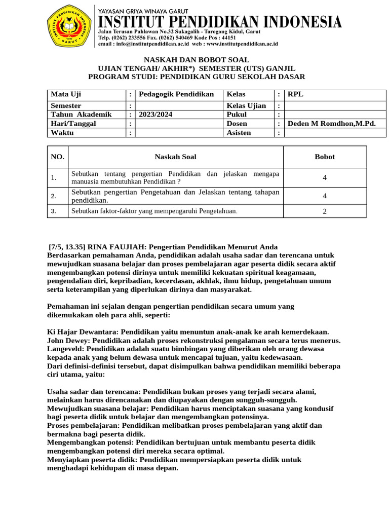 Rina Faujiah - 1G RPL - Uts Pedagogi Pendidikan | PDF