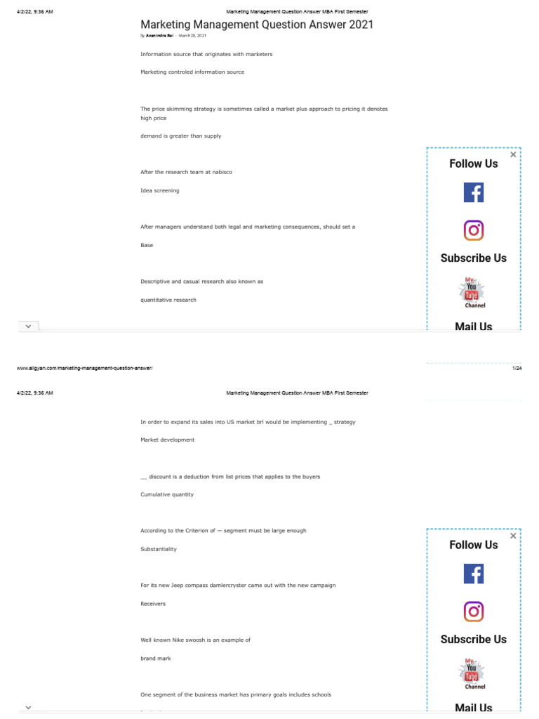 Marketing Management Question Answer 2021: Follow Us | PDF