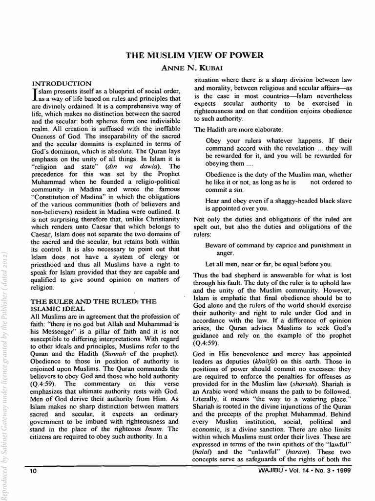 Kubai 1999 The Muslim View of Power | PDF