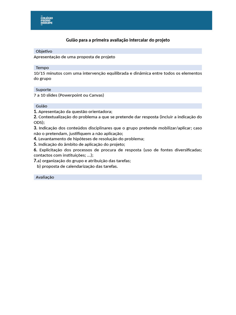 Guiao para A Primeira Avaliacao Intercalar Do Projeto | PDF
