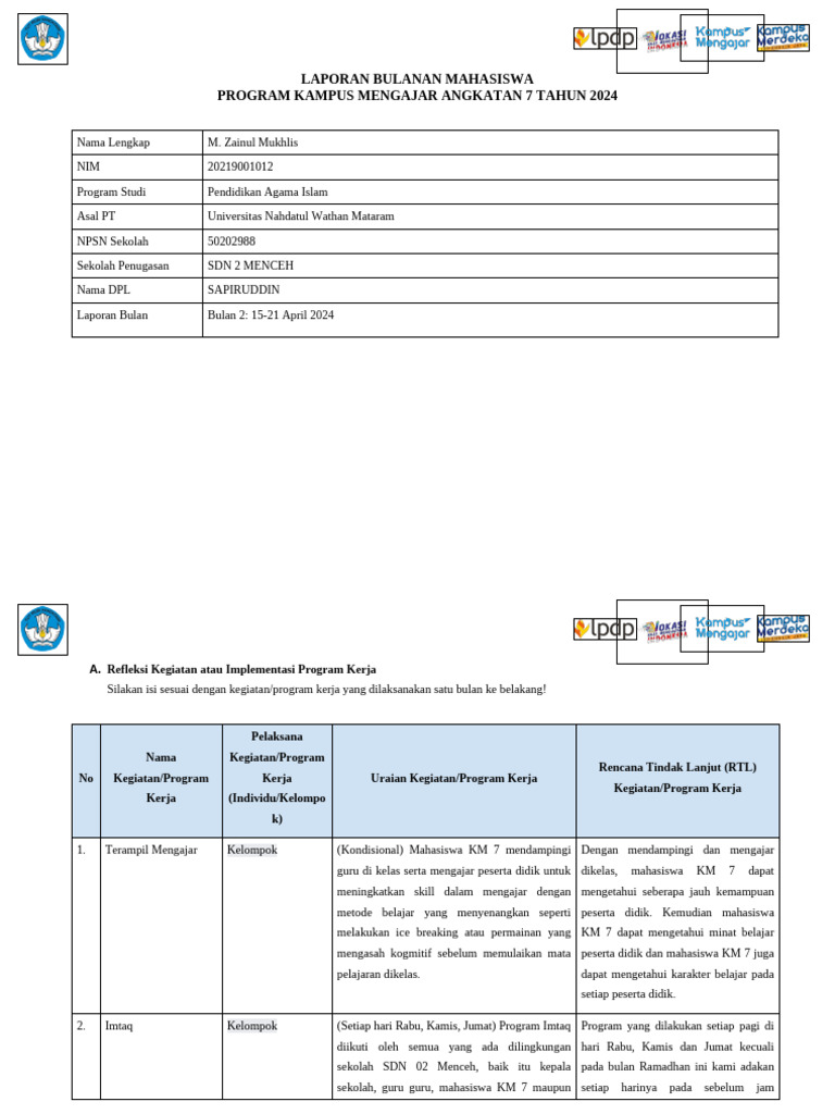 Format Laporan Bulan 2 - Km7-Mukhlis-02 | PDF