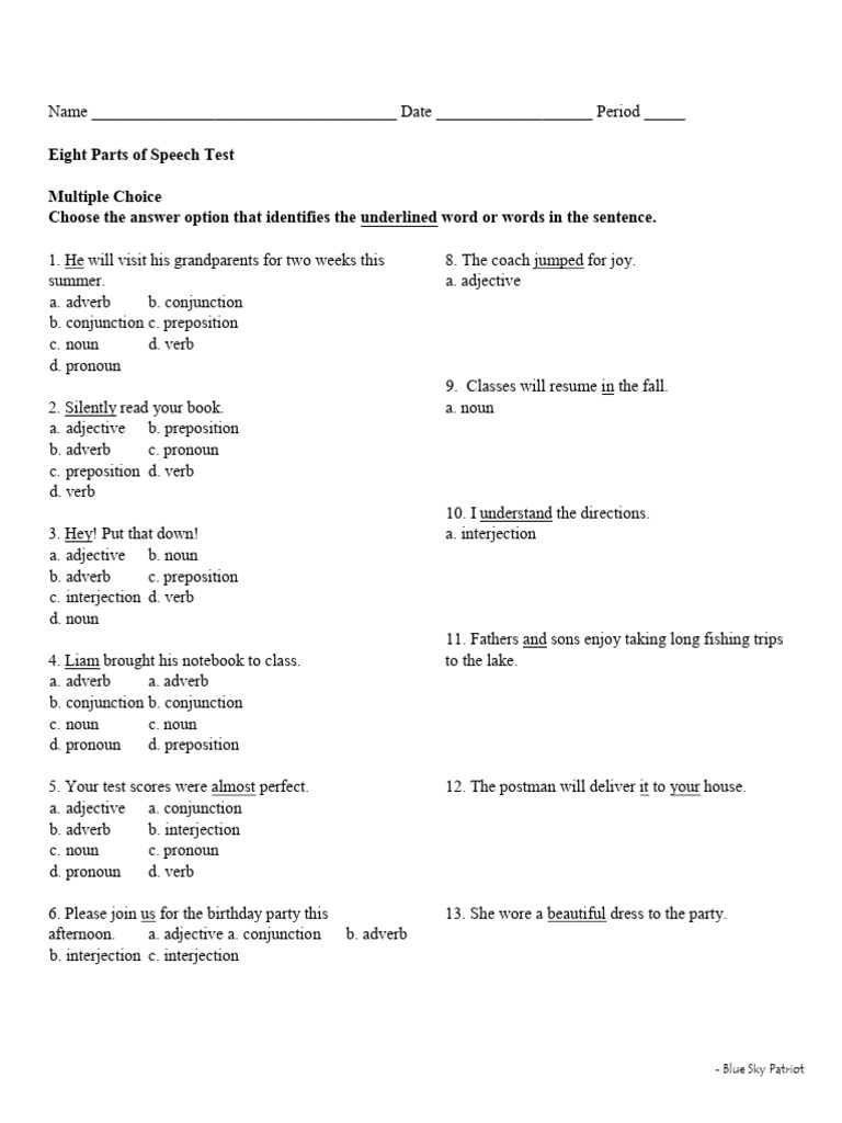 Eight Parts of Speech Test | PDF