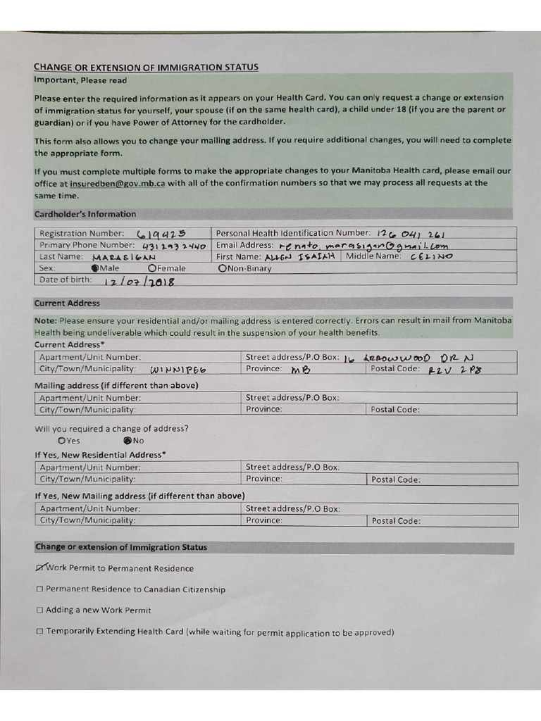 Allen - Change of Immigration Status Form | PDF