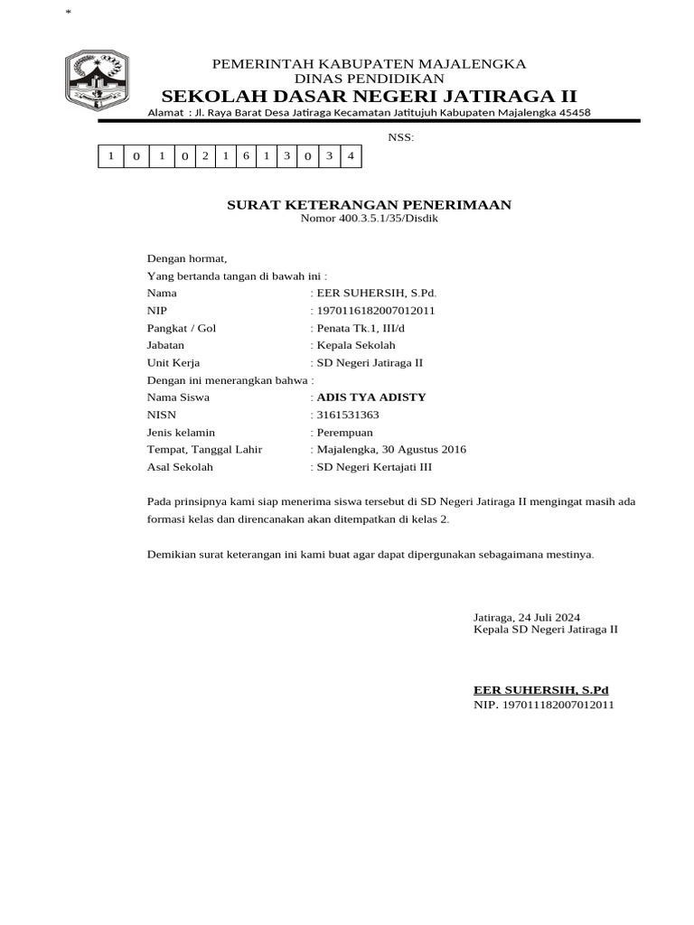 Surat Penerimaan Siswa Pindahan | PDF