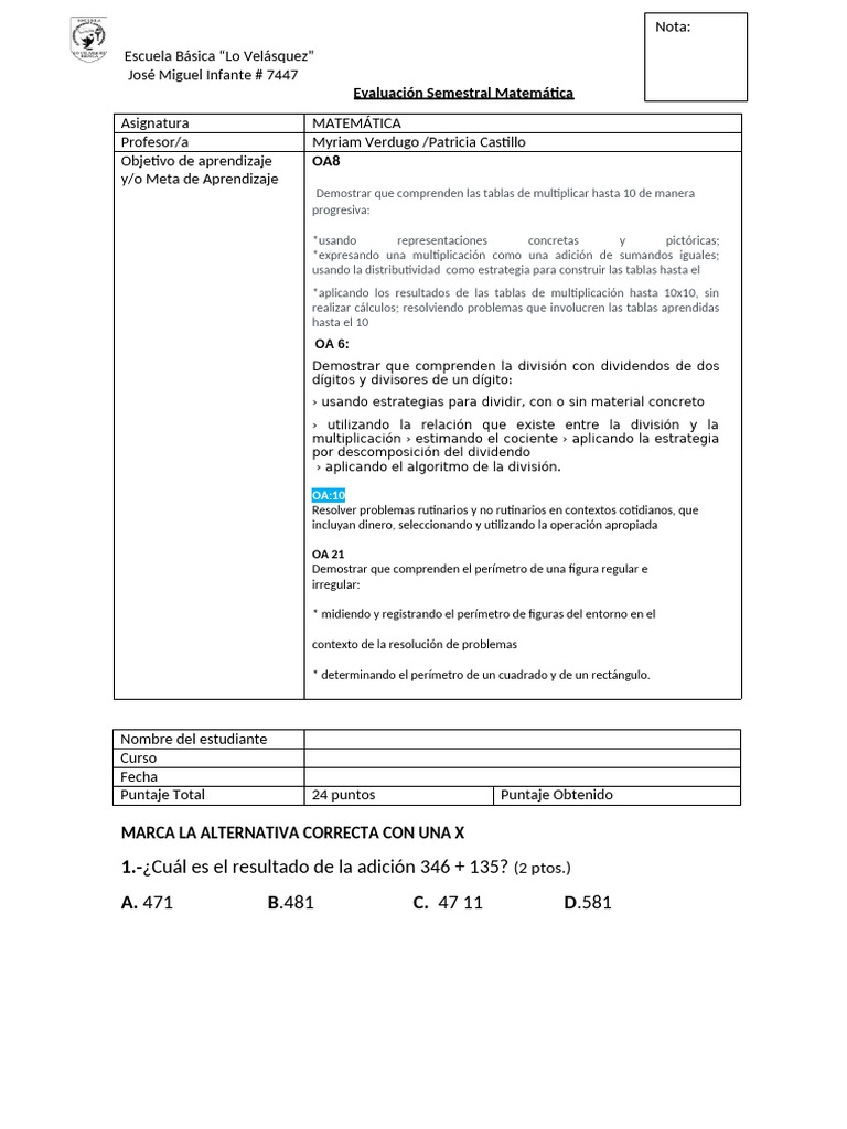 Evaluacion Semestral de Matematica | PDF