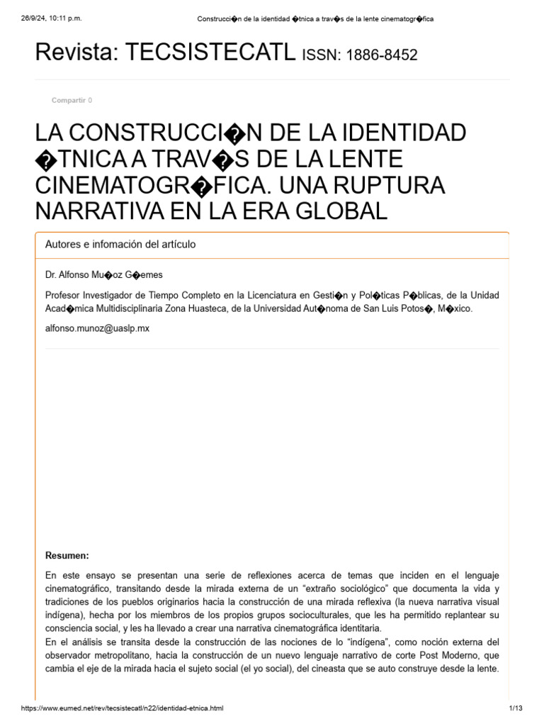 Construcci N de La Identidad Tnica A Trav S de La Lente Cinematogr Fica | PDF