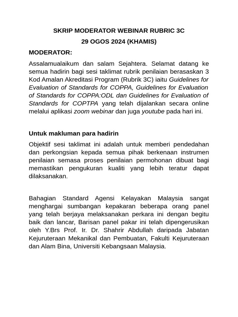 Skrip Moderator Webinar Rubric 3C | PDF