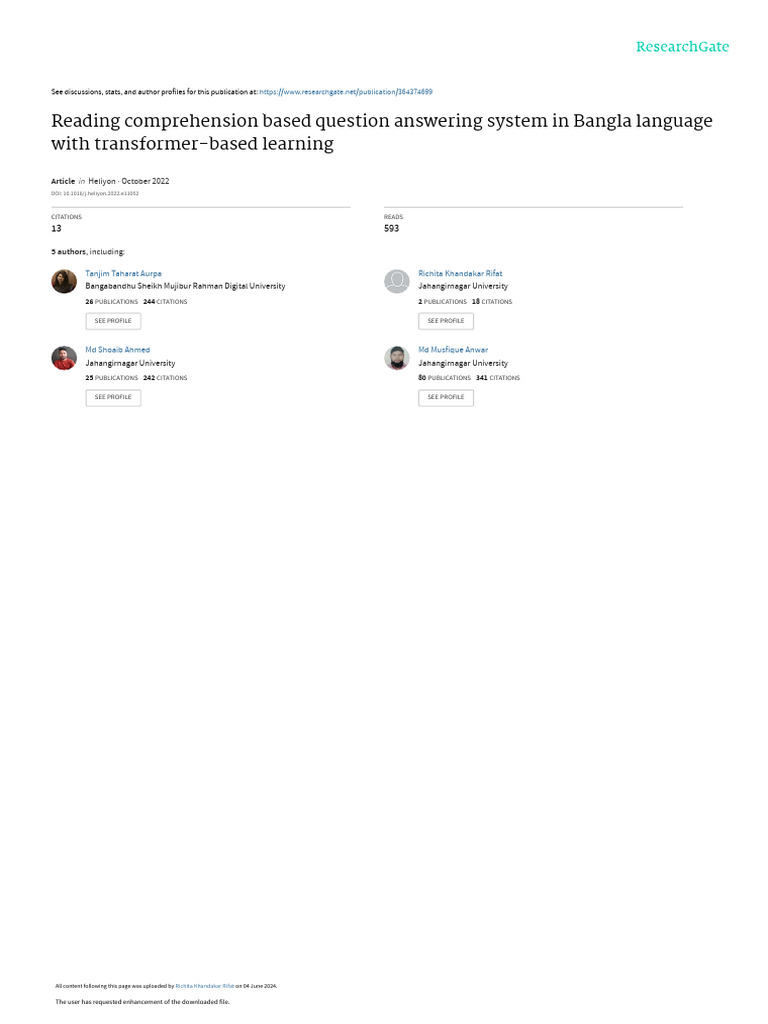 Reading Comprehension Based Question Answering Sys | PDF