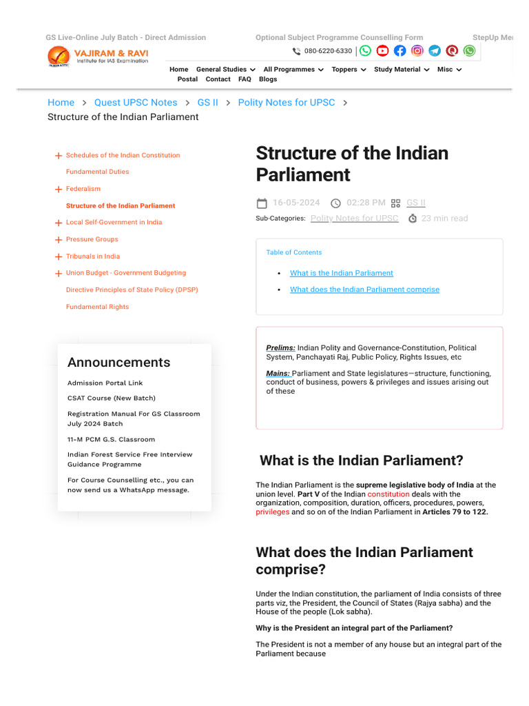 Structure of The Indian Parliament | PDF