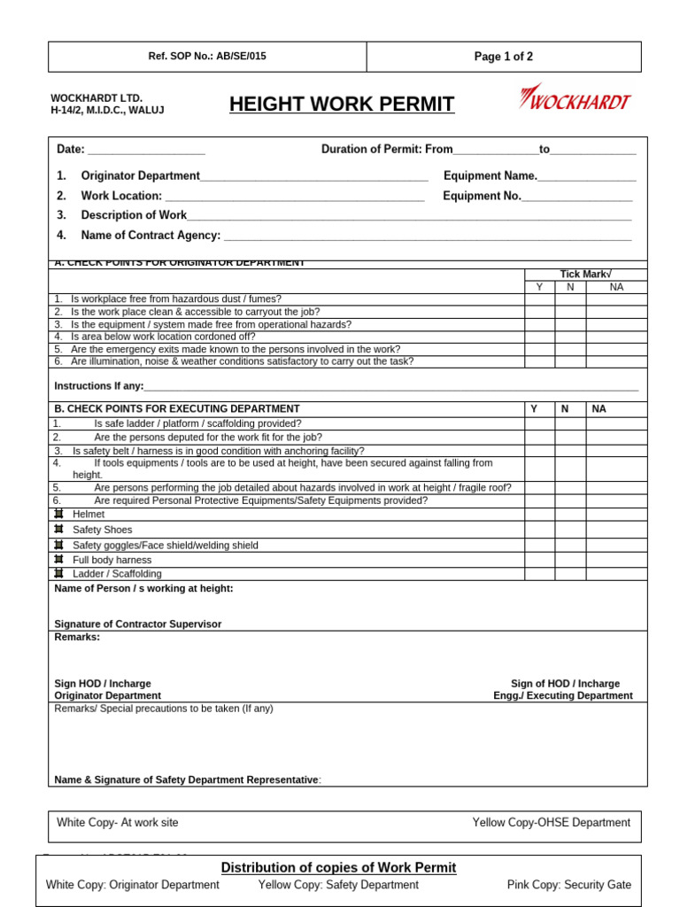 Height Work Safety Permit Checklist | PDF | Safety | Technology ...