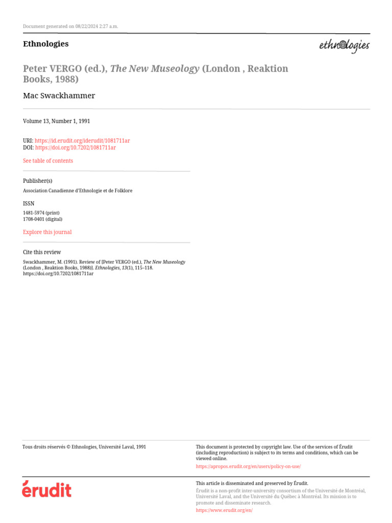 Peter VERGO (Ed.), The New Museology (London, Reaktion Books, 1988) | PDF