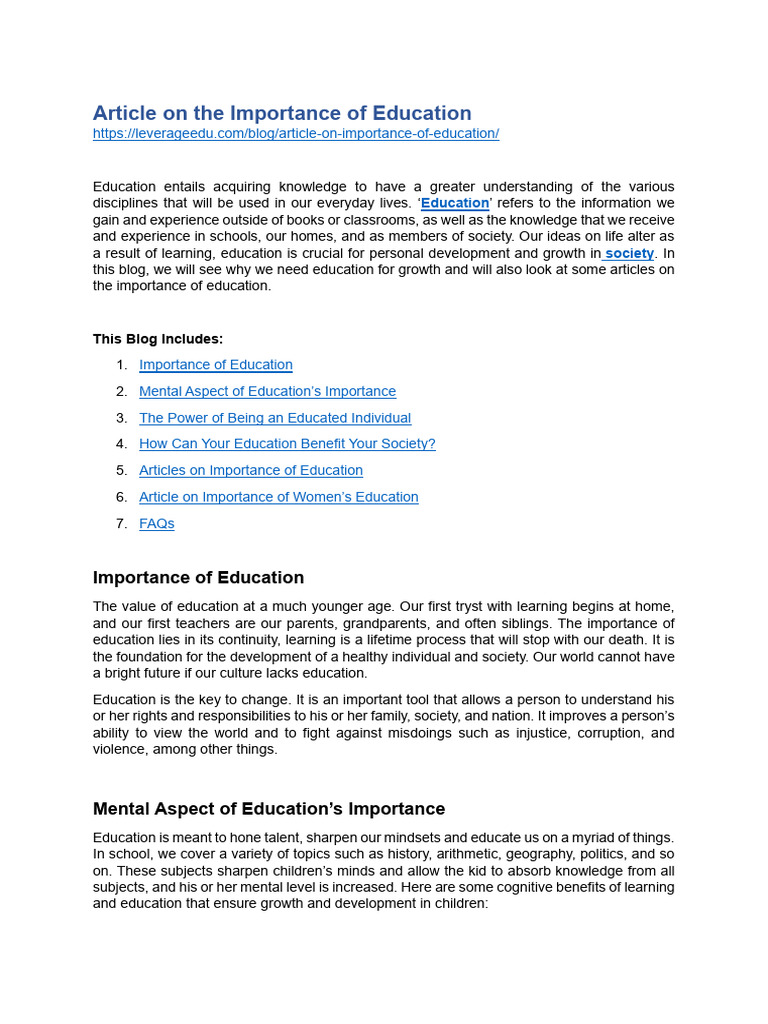 Article On The Importance of Education | PDF