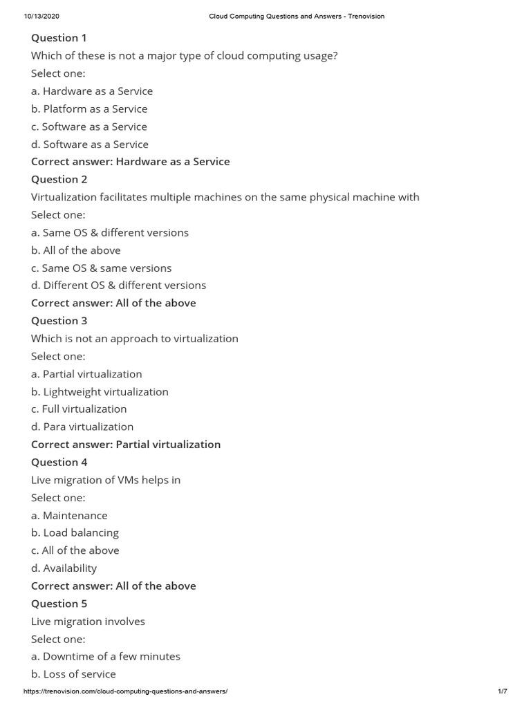 Cloud Computing Questions and Answers - Trenovision | PDF