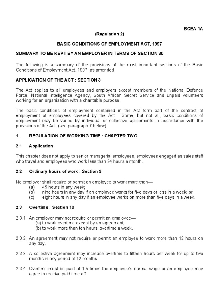 Act Summary - Basic Conditions of Employment - English | Download Free ...