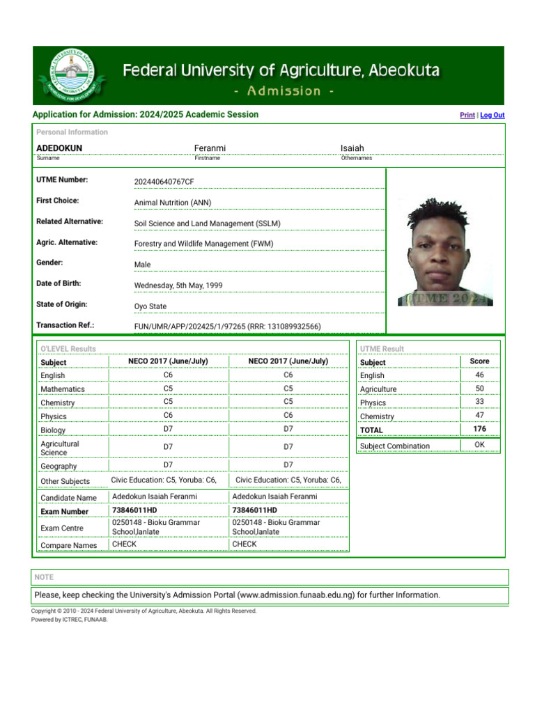 FUNAAB Admission Application Form | PDF