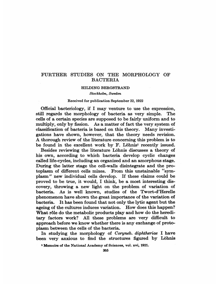 Bergstrand 1923 Further Studies On The Morphology of Bacteria | PDF