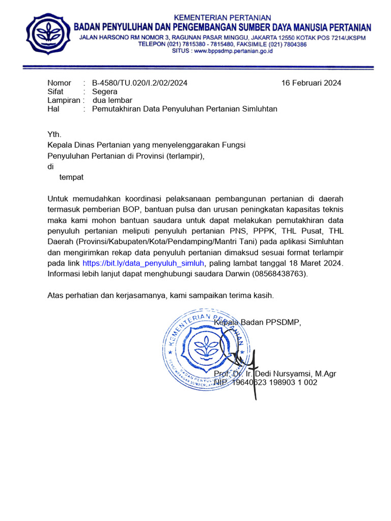 Surat Pemuktahiran Data Penyuluh Pertanian Simluhtan (1) - Signed | PDF
