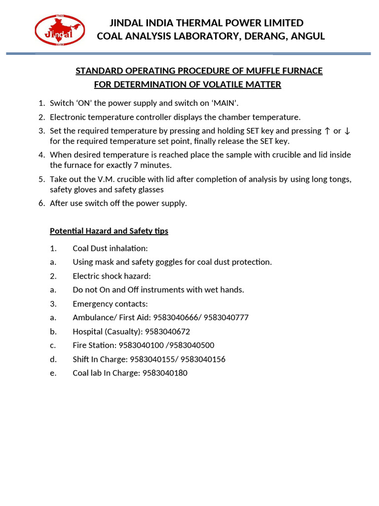 Jitpl-Chem-Sop-10 Sop For Operation of Muffle Furnace For VM | PDF