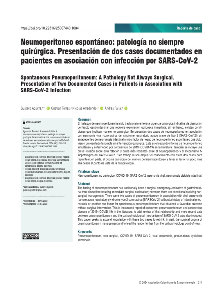Neumoperitoneo Espontáneo: Patología No Siempre Quirúrgica. Presentación de Dos Casos ...