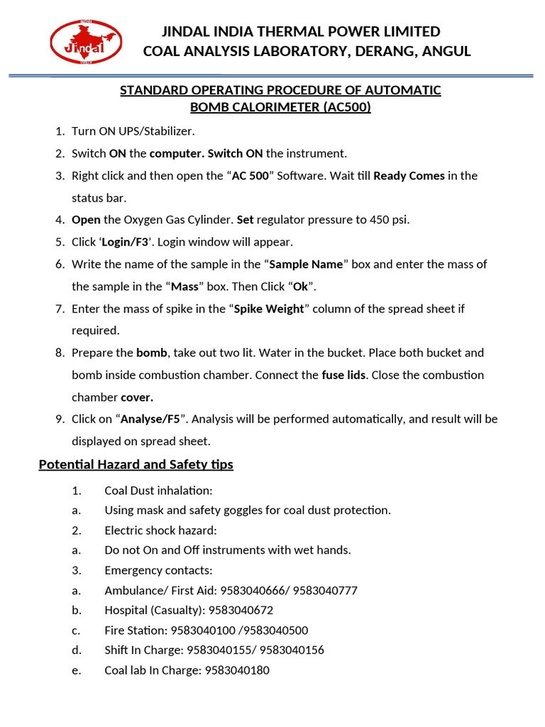 Jitpl-Chem-Sop-12 Sop For Operation of Leco Bomb Calorimeter | PDF