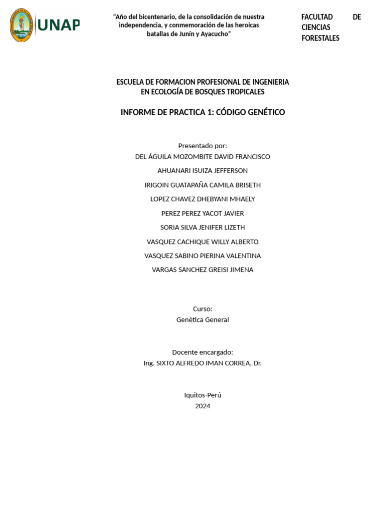 Práctica #1 Código Genético - Genetica General - Ecologia - Unap - 2023ii | PDF