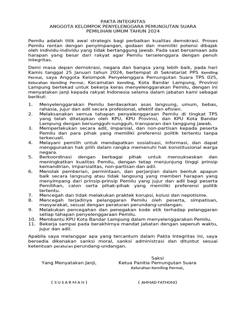 8 Pakta Integritas KPPS - TPS 25 - 1 | PDF