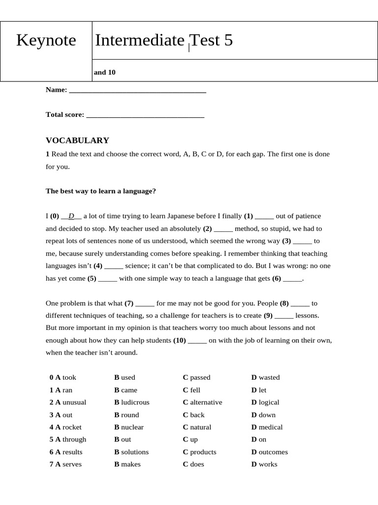 Keynote Intermediate Test5 (Word) | PDF