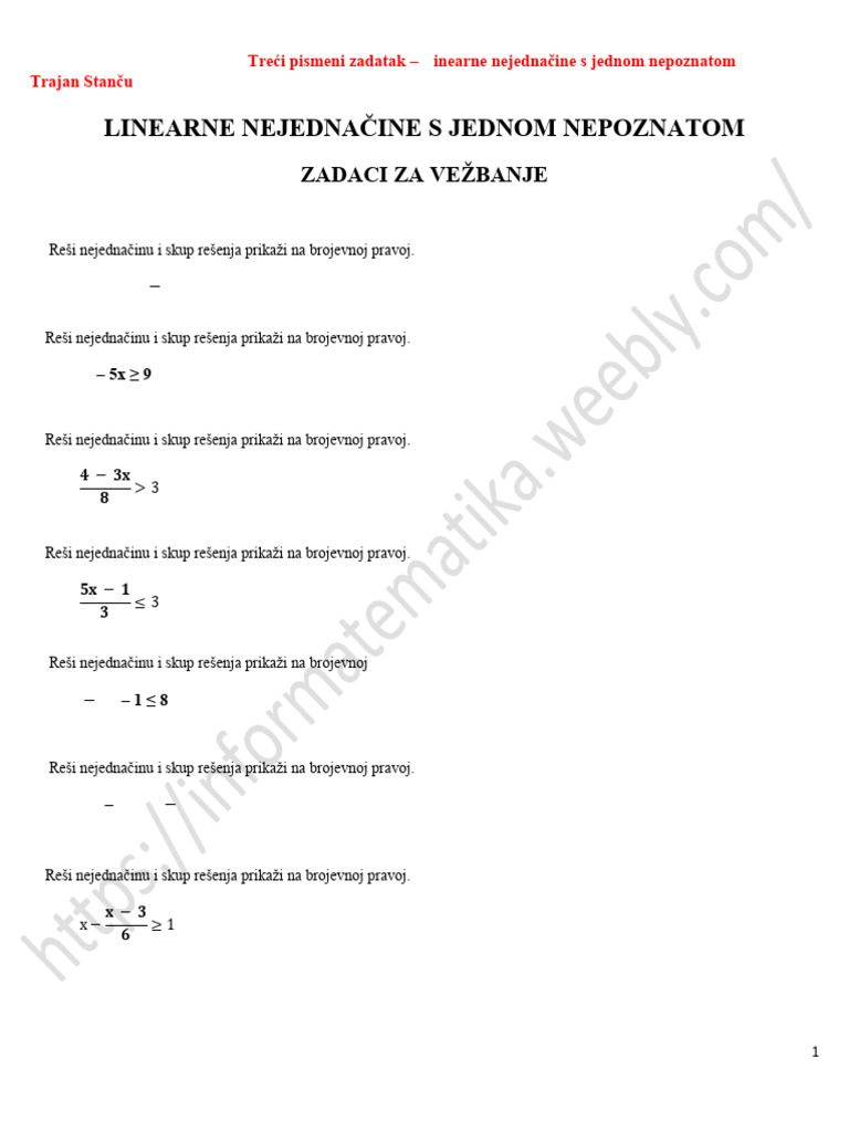 Linearne Nejednačine S Jednom Nepoznatom | PDF