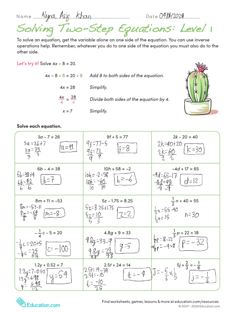 Solving Two Step Equations Level 1 | PDF