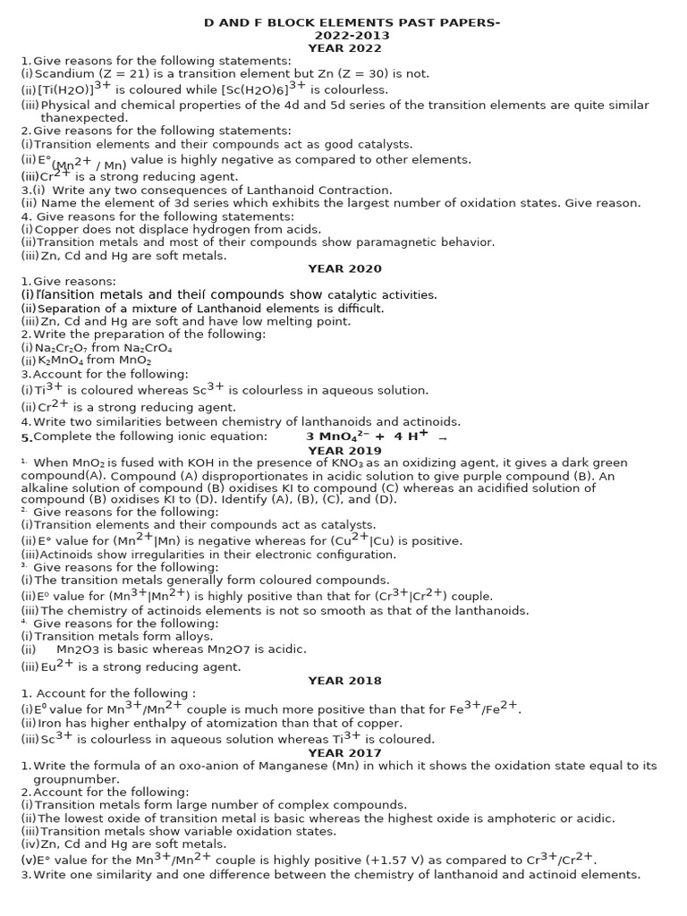 D and F Block Past Papers | PDF | Transition Metals | Manganese