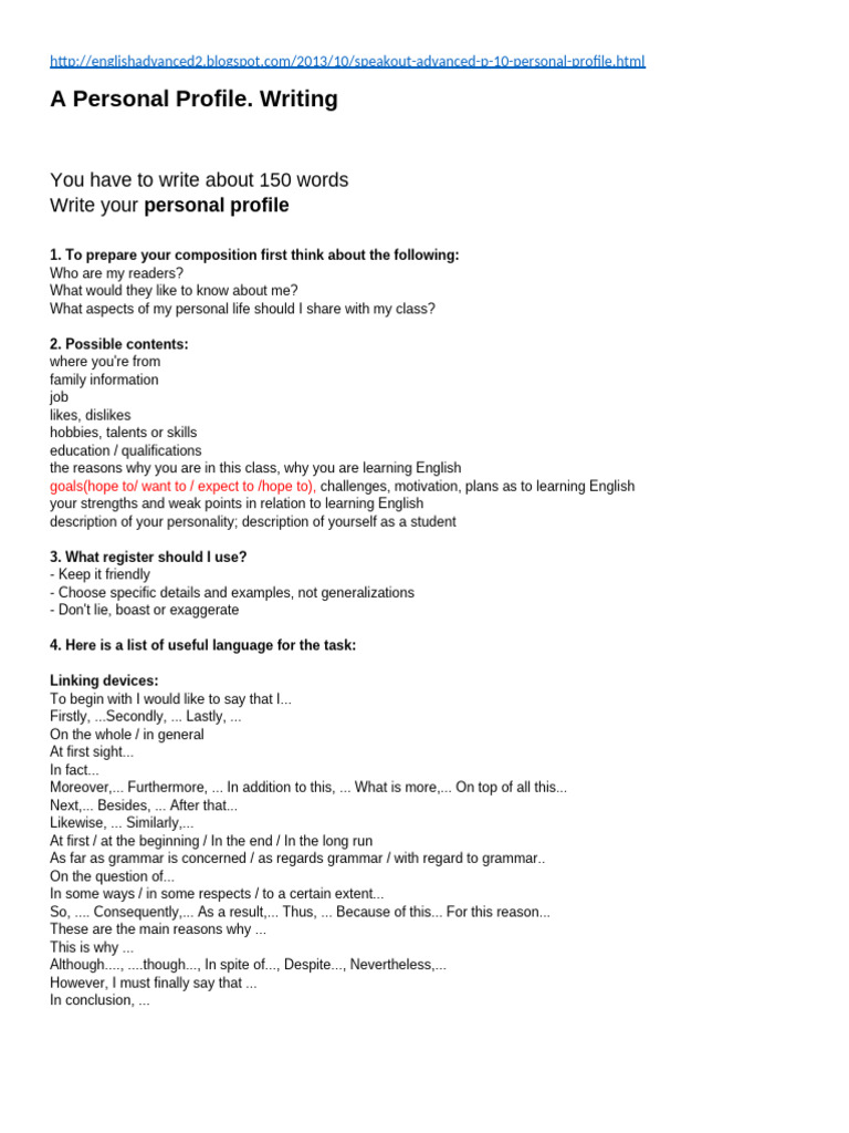 Writing A Personal Profile | PDF | Motivation | Career & Growth