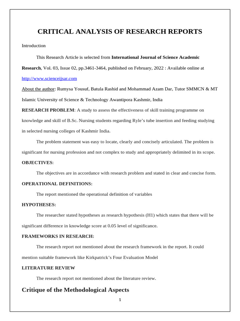 CRITICAL ANALYSIS OF RESEARCH REPORTS Practical - Edited | PDF