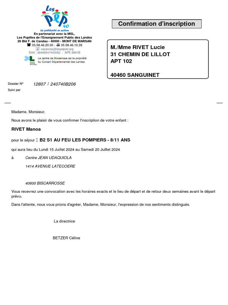 Confirmation D'inscription RIVET Manoa | PDF