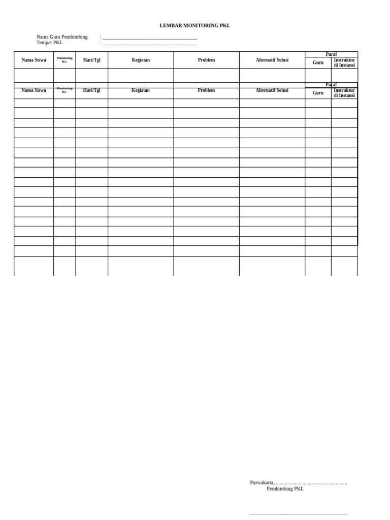 Lembar Monitoring PKL Siswa SMK | PDF