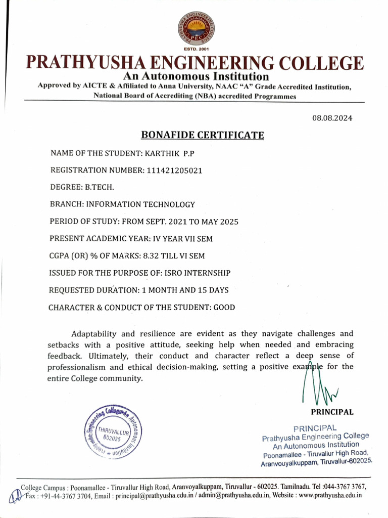 ISRO Intern Documents Karthik PP | PDF