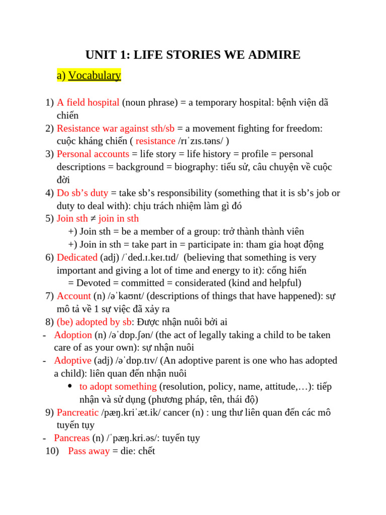 Unit 1: Life Stories We Admire: A) Vocabulary | PDF
