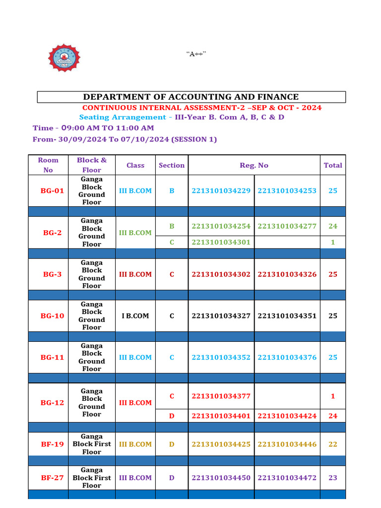 Seating Arrangement - III Year CIA2 30th TO 7th SEPT & OCT 2024 | PDF
