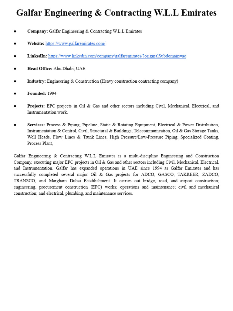 Company - Galfar Engineering & Contracting W.L.L Emirates | PDF